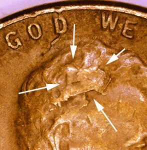 Lincoln Cent Retained Interior Die Break; 1909 – 1958 : Cuds on Coins